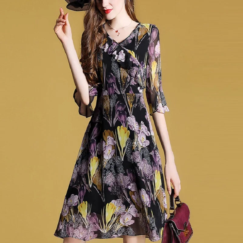 Senhoras Nova Moda Verão 2018 Vestido De Chiffon Floral Elegante