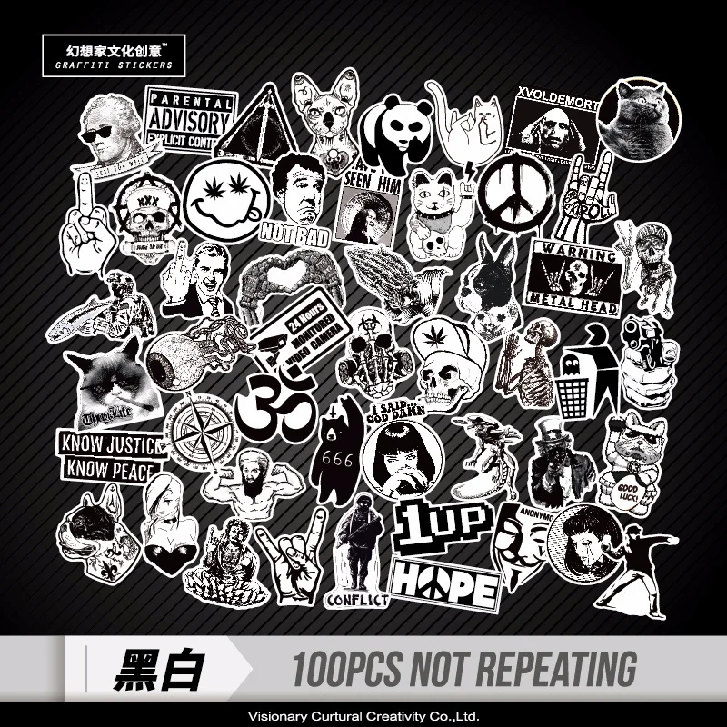 100pcs Fashion Tide Black&White Creative Sticker For Laptop Snowboard ...