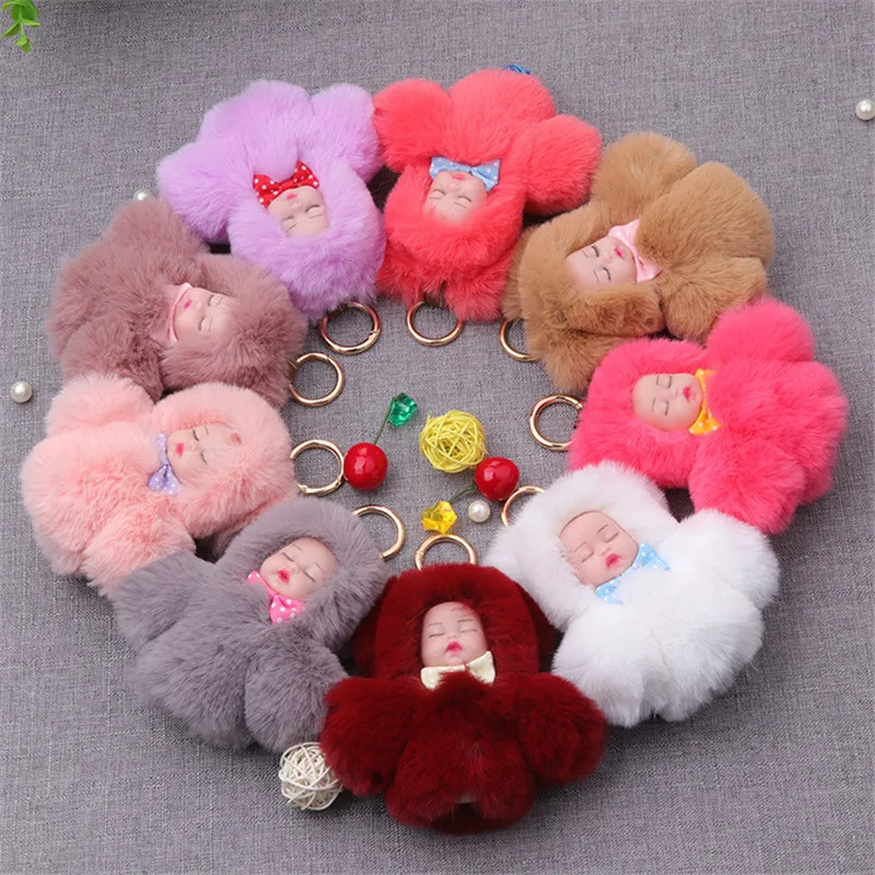 Fluffy Rabbit Fur Sleeping Baby Toy Key Chain Woman Cute Girls Pompom ...