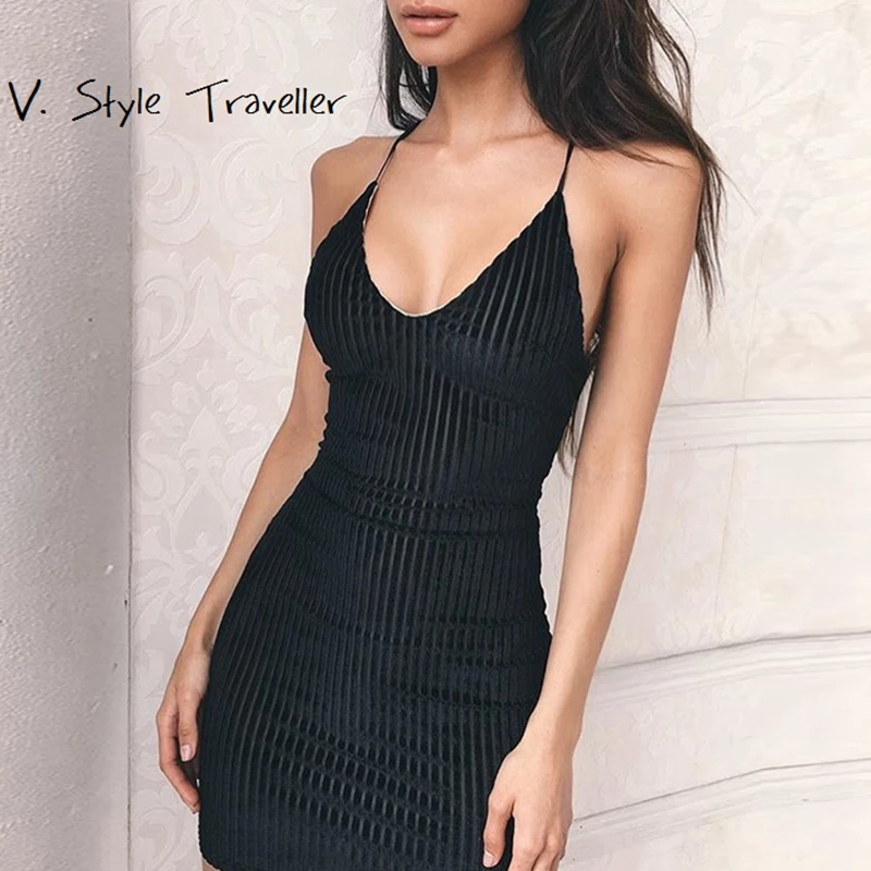 Black Camis Dress Women V Neck Lace Up Sexy Bodycon Casual Summer Style