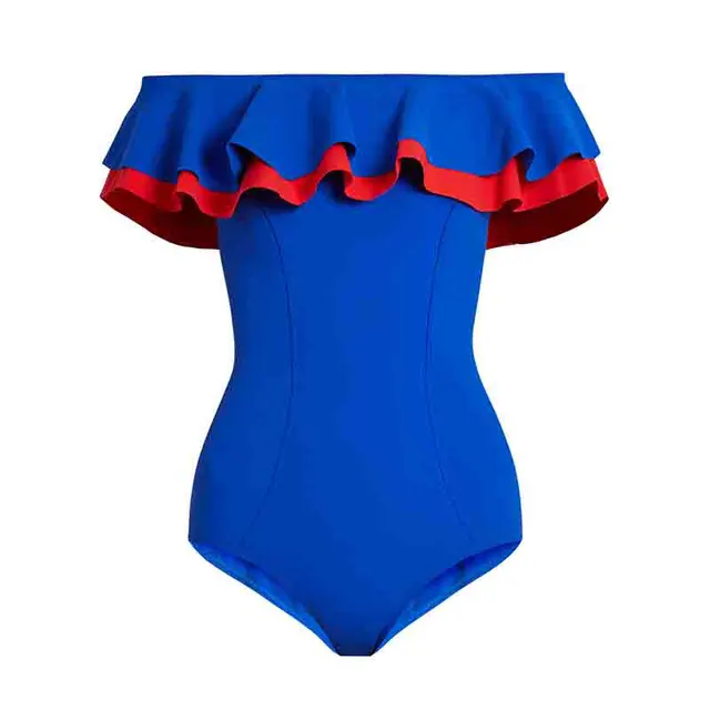 2017 Double Red Blue Ruffle Swimwear Women One Piece Swimsuit Bodysuit ...