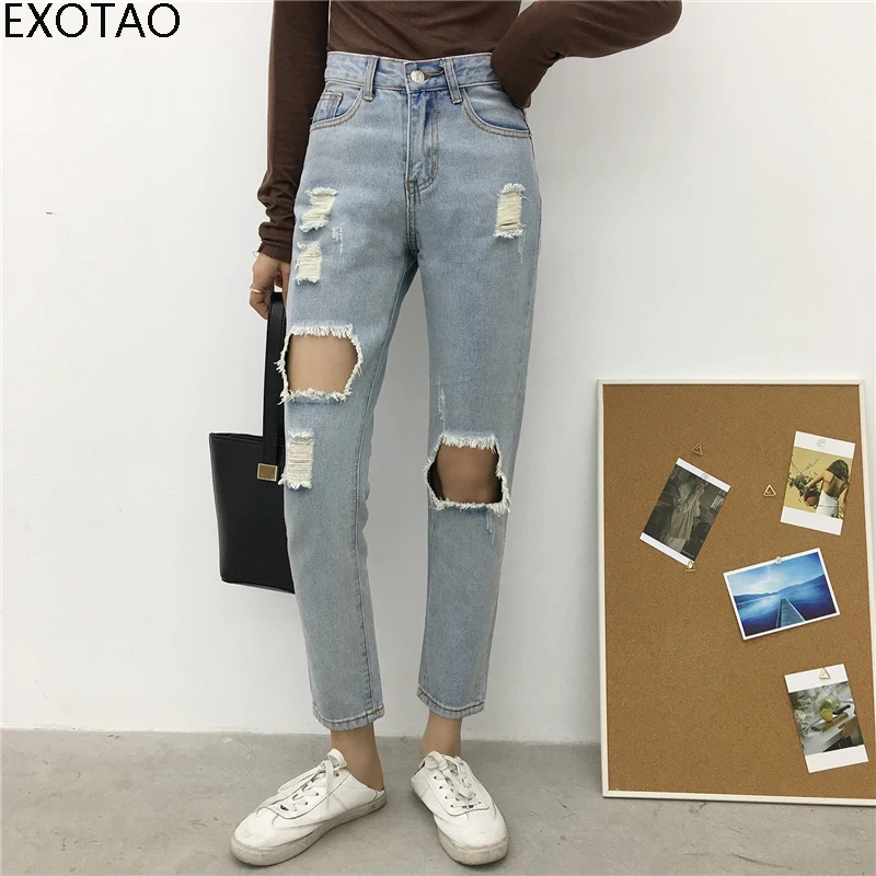 EXOTAO Slim Destroyed Jeans Women Harajuku High Waist Boyfriend Pants ...