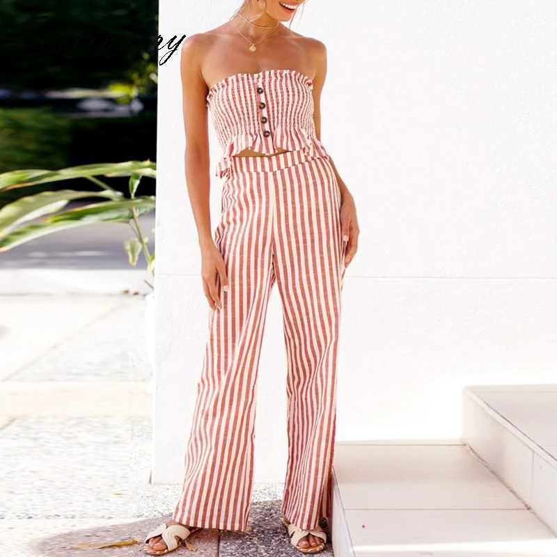 Sollinarry Stripe Ruffles Button Jumpersuit Women Ruched Red Jumpersuit ...