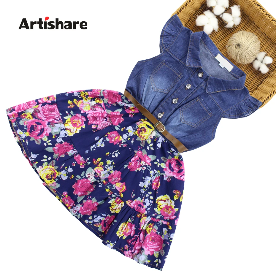 Artishare Vestidos vaqueros con cinturón para niñas, ropa informal con ...
