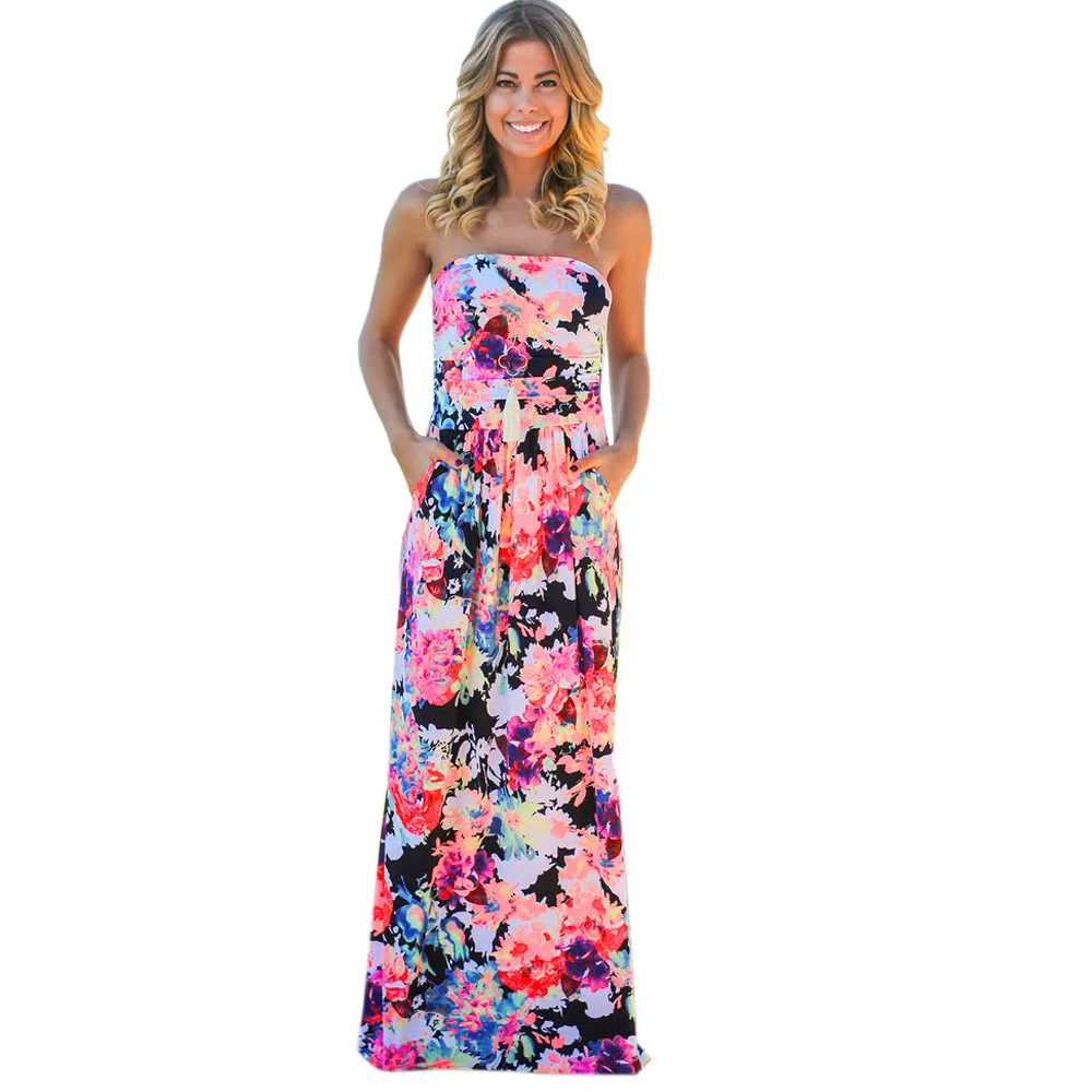 Womens Bandeau Holiday Long Dress Ladies Summer Floral Maxi Dress Plus ...