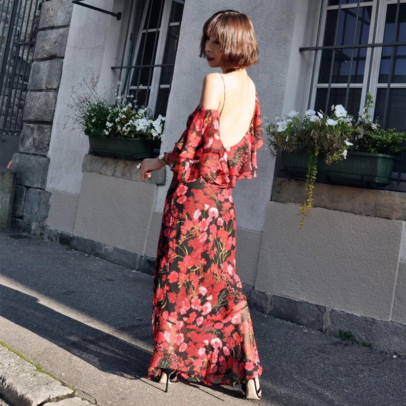 silk red poppy print diagonal ruffle suspended flared sleeve dress ...