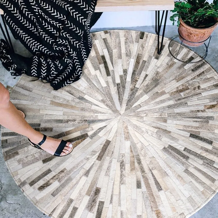 luxury cowhide seamed striped round rug , round shaped real cow skin ...
