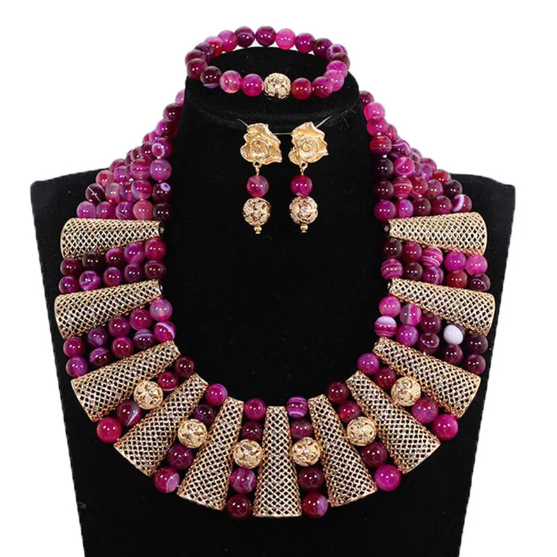 Free Shipping Rose Pink Stone Beads Jewelry Set Chunky Statement ...