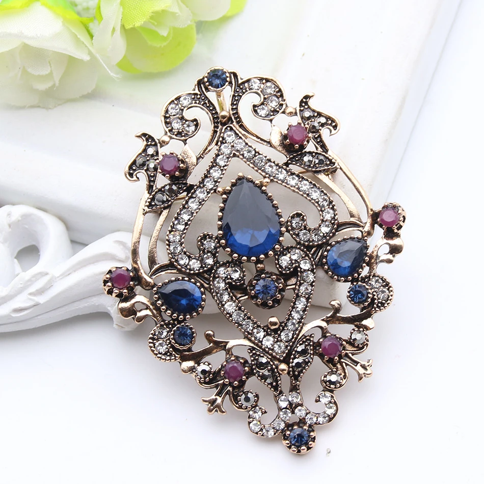 Ethnic Turkish Brooch For Women Antique Gold Color Flower Resin Broches ...