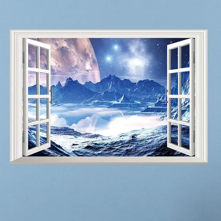 Fake Window Wall Decals Cartoon Fantasy Kids Infantiles Living Room 3D ...