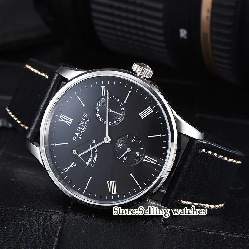 42mm Parnis Black Dial Roman Numerals Power Reserve St1780 Automatic ...