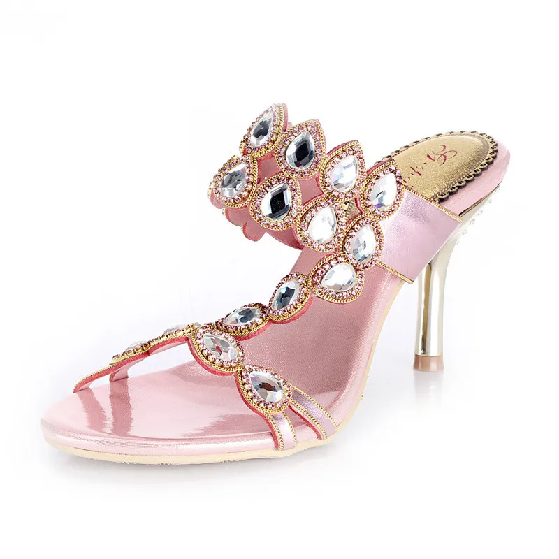Pink Summer Shoes Women Diamond Stiletto Heel Slippers Korean Open Toe