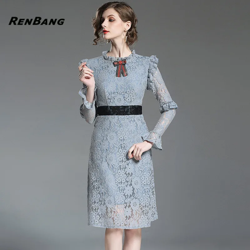 RENBANG Court Style Embroidery Flower Party Dress Women Elegant Bow ...
