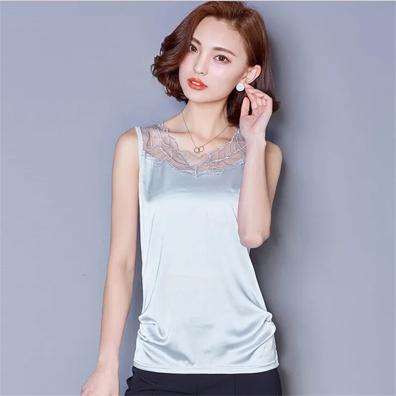 Plus Size M 3xl Luxury Lace Silk Tank Top For Women Summer Sexy O Neck Lace Tops Womens Lace