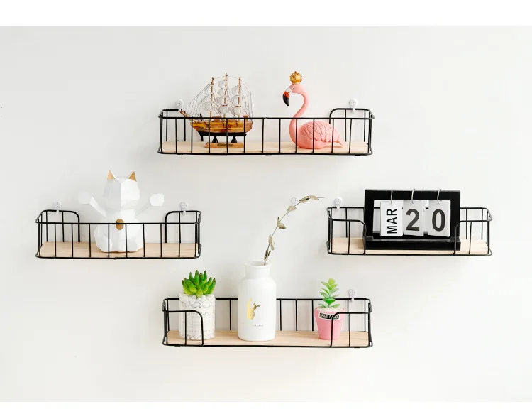 1pc Iron Wood Storage Shelf Sundries Wall Holder Nordic Kitchen Bedroom ...