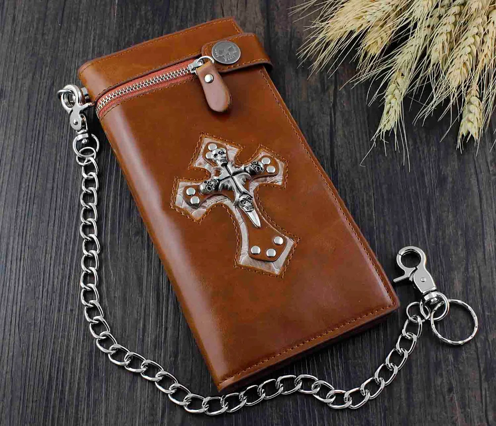 Gothic Skull Cross Men's Leather Biker Long Jeans Wallet W/ Chain Punk ...