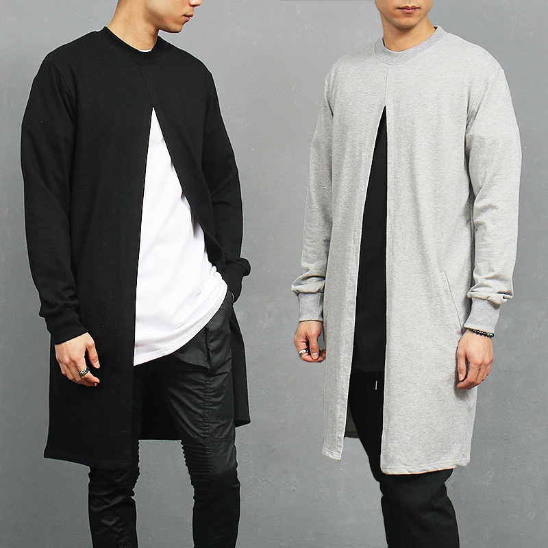 Street Edge Design Open Front Vent Long Sweatshirt Mens Hip Hop Extra Long Sweatshirt For Men
