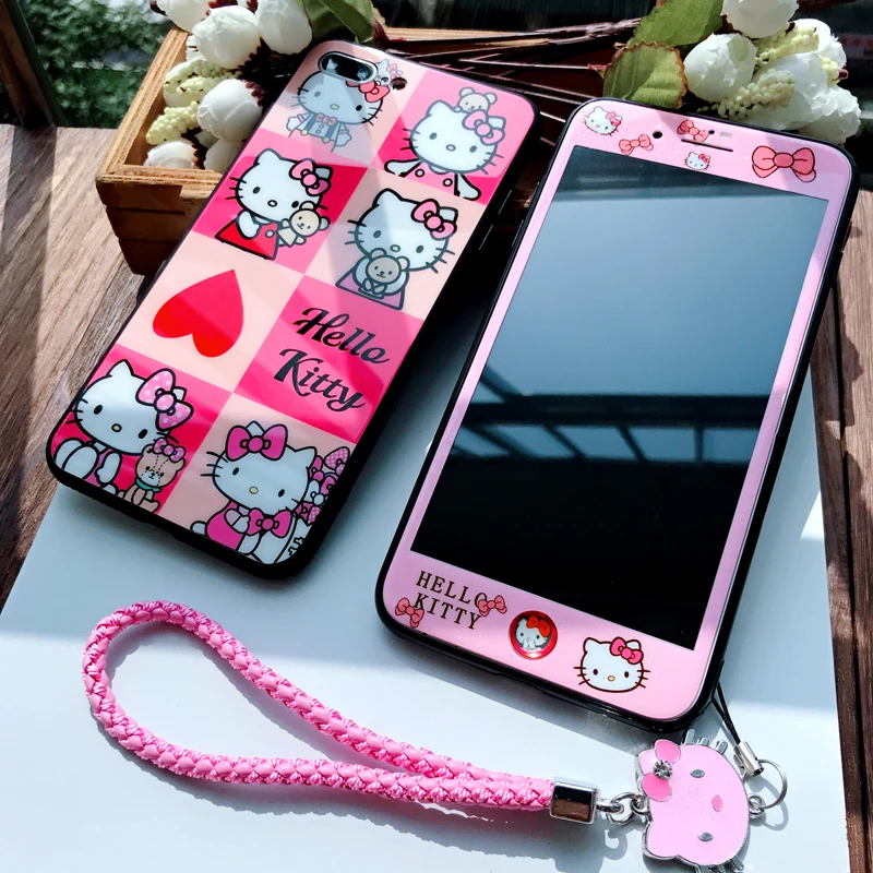 For IPhone XS Cute Hello Kitty glass case + glass flim For iPhone 8plus ...