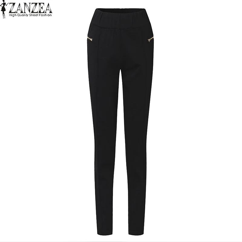 2019 ZANZEA Women High Waist Zip Up Solid Long Pants Casual Beige Black ...