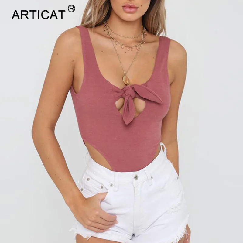 Articat Sexy Bow Tie Backless Bodysuit Women Spaghetti Strap Hollow Out