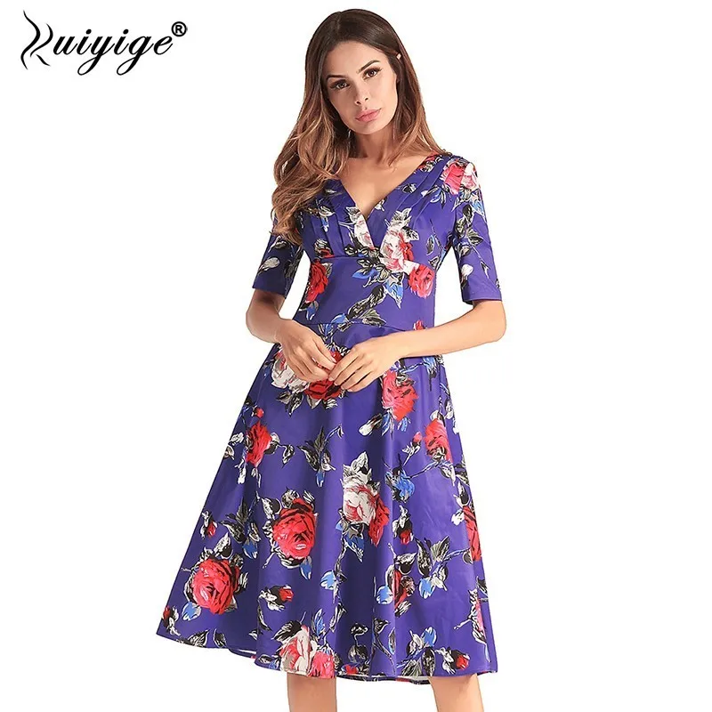Ruiyige 2018 Women Summer Vintage Dress Print Floral V Neck Swing 50s