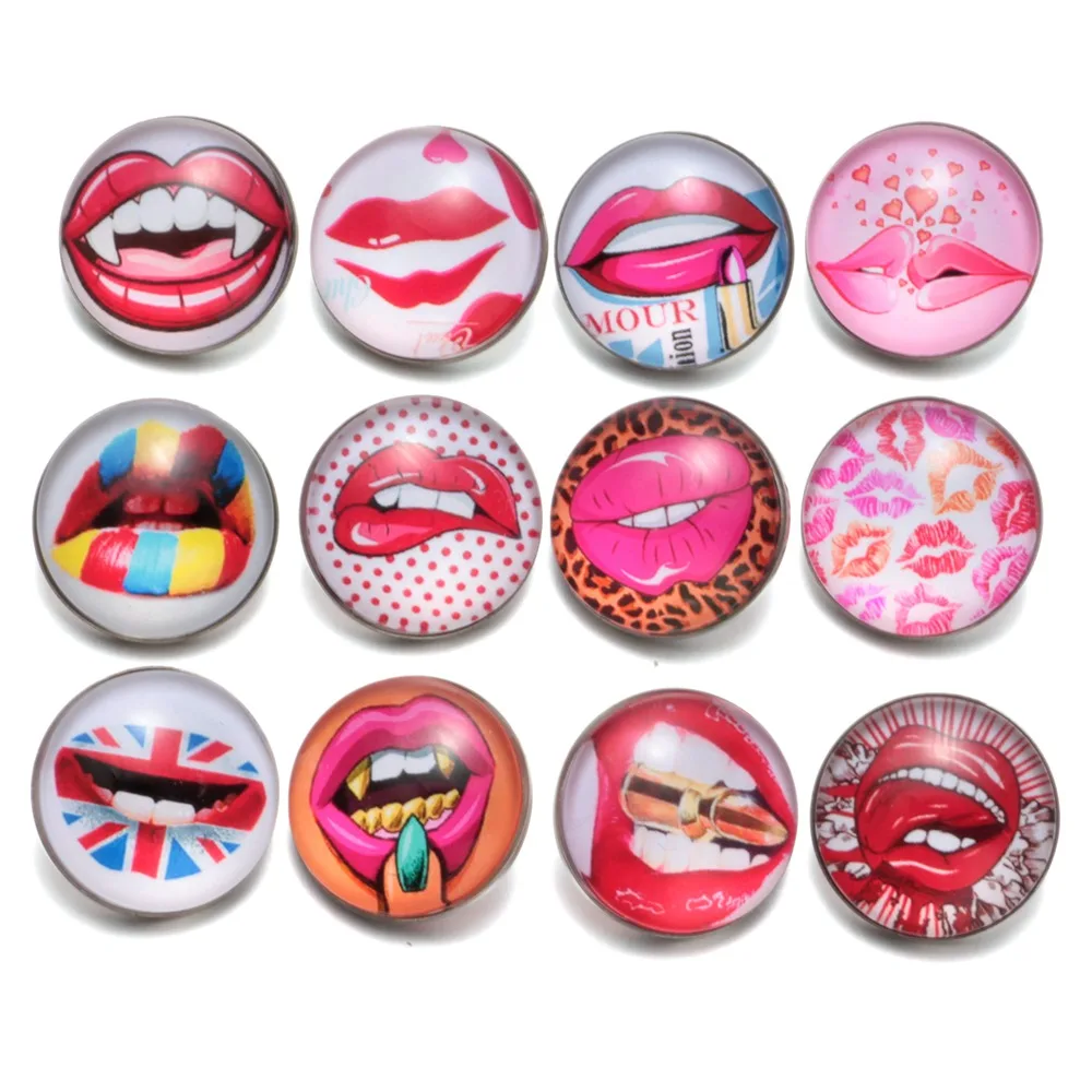 12pcs/Lot Lipstick Sexy Lips Pattern Glass Charm 18mm Snap Button ...