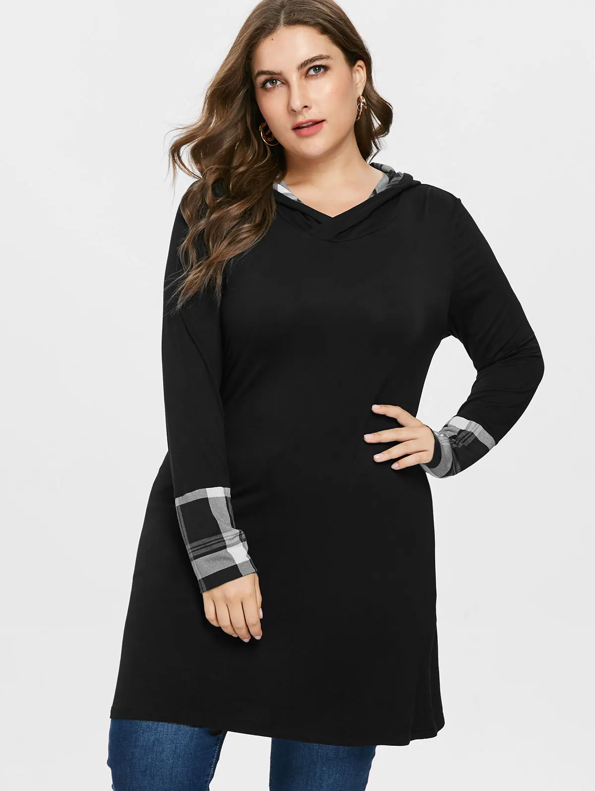 Moletom com capuz wipalo plus size 5xl, xadrez, painel, mulheres, casual, manga longa, patchwork ...