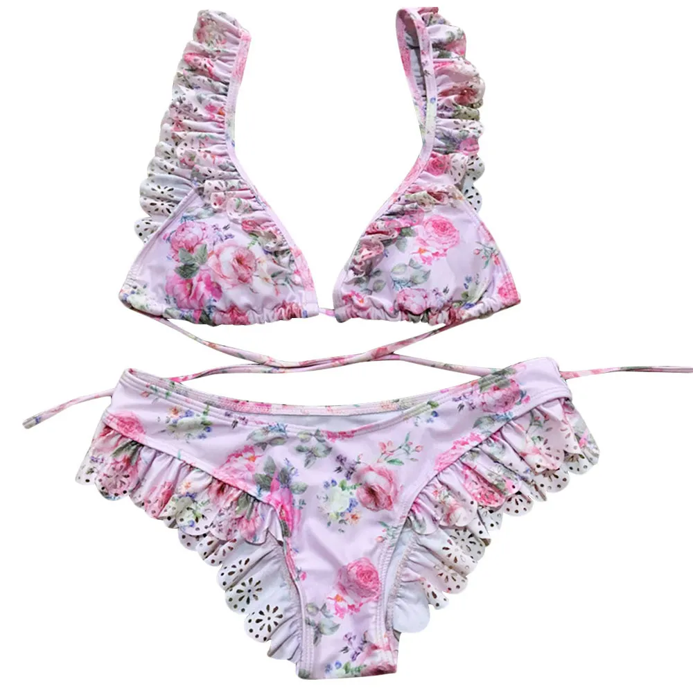 2018 New Ruffled Floral Print Bikini Padded Backless Bikini Set Low
