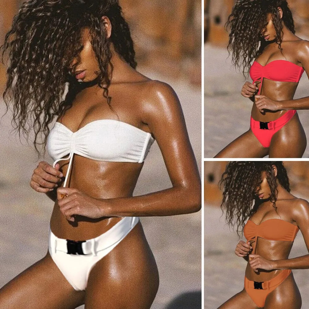 Sexy Bandeau Push Up Swimsuit With Belt Buckle Brazilian Swimwear