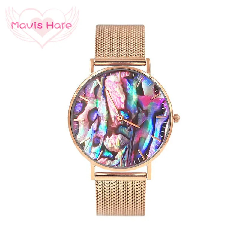 Mavis-Hare-Coral-Red-REAL-Abalone-Shell-Wristwatch-with-Stainless-Steel ...