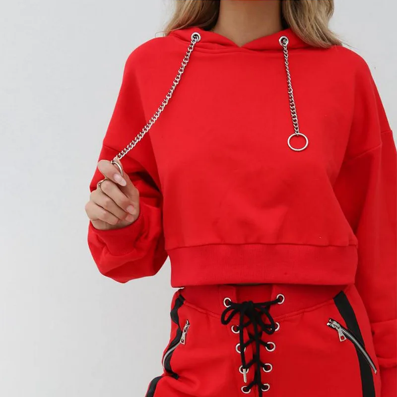 Sexy Red Cropped Hoody Ladys Sweatshirts Metal Chain Pullovers Women