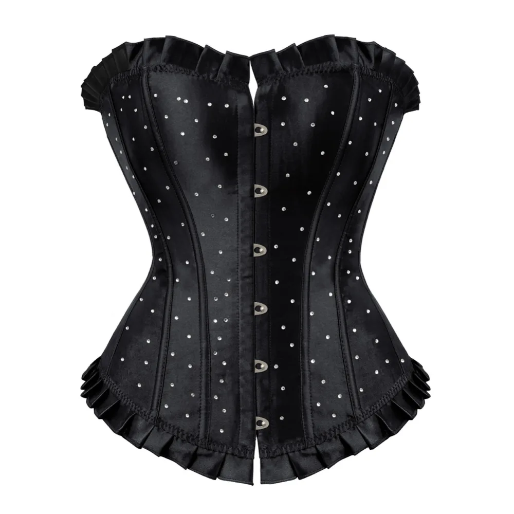 Vintage Lace Up Boned Overbust Corset Bustier Rhinestone Satin Costume