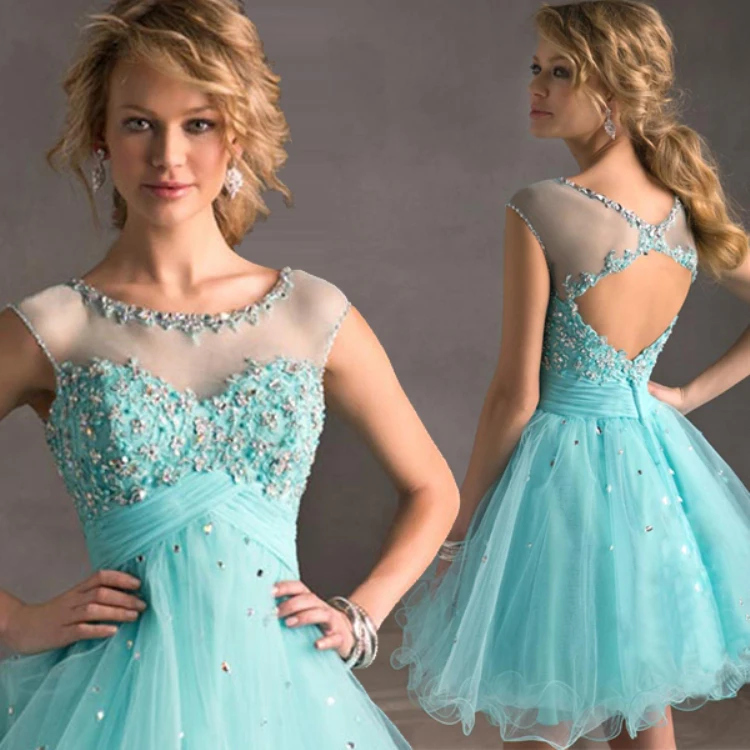 Fashion Light Blue Party Dresses Short Backless Crystal Lace Cocktail ...