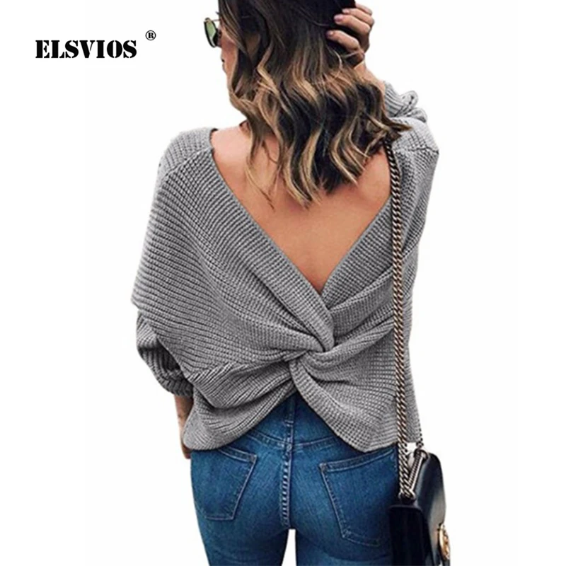 ELSVIOS Sexy Cross V Neck Twisted Back Sweater Women Jumpers Autumn ...