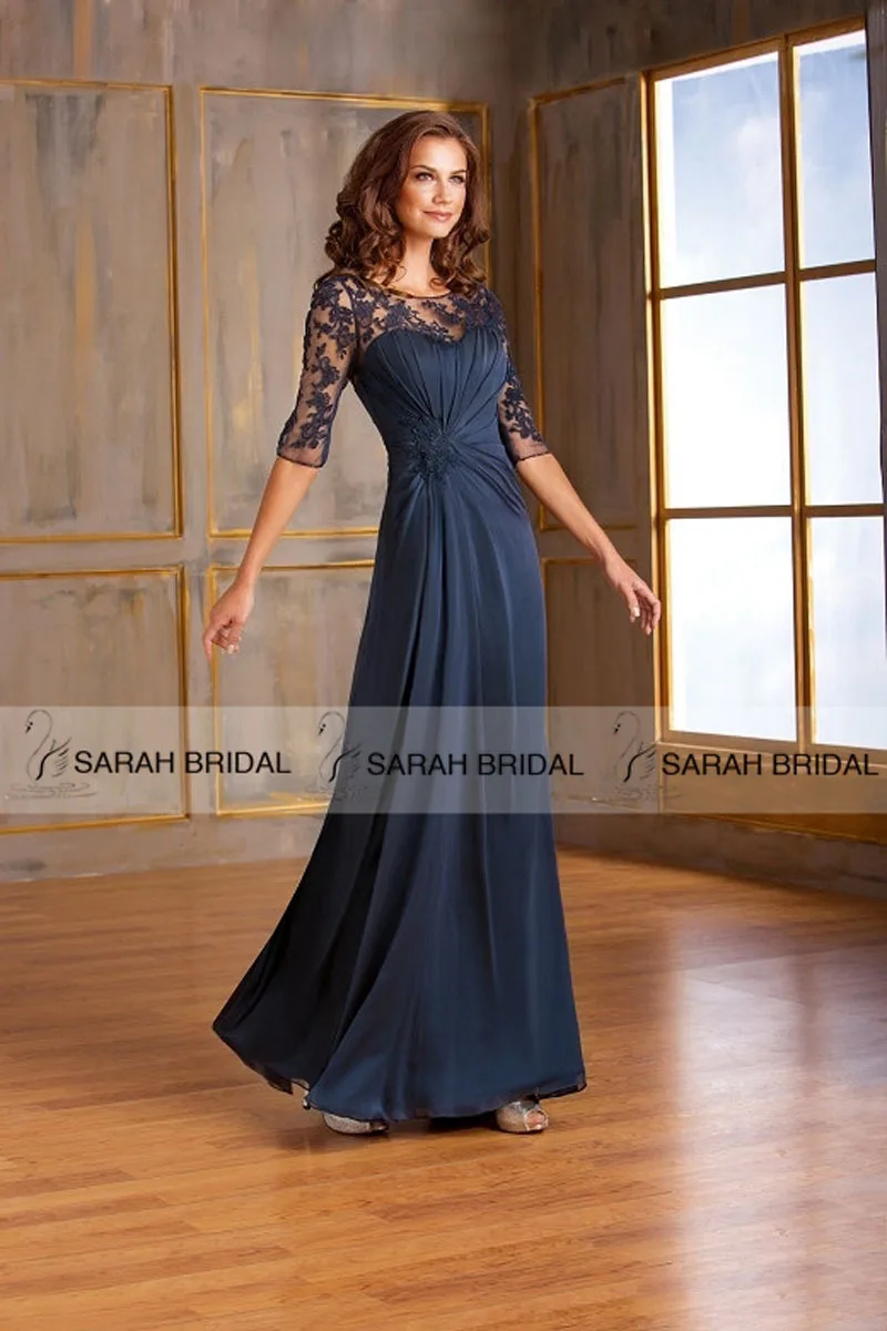 Navy Blue Long Mother Of The Bride Dresses With Half Sleeves Illusion ...