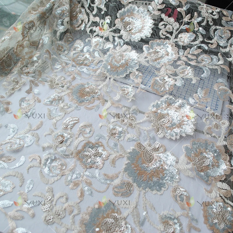 5 yard Sequin Embroidery fabric 3D Bead piece chiffon flower excipients ...