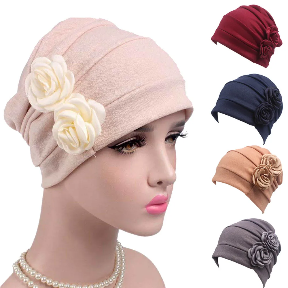 Women Large Flower Model Headscarf Chemotherapy Cap Western Style Ruffle Cancer Chemo Hat Beanie