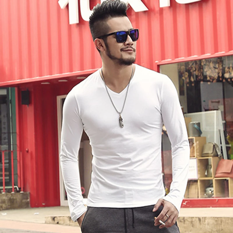 T Shirt Men Cotton Long Sleeve Basic Solid Brand T Shirt Elastic Mens