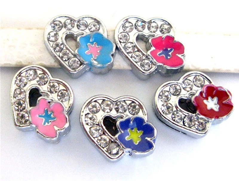 50PCS 8mm Alloy Cute Flower Heart Slide Charms Slide Beads DIY 8mm ...