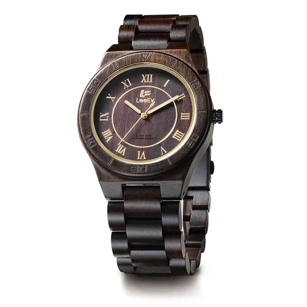 LEEEV Luxury Brand Vintage Sandal Wood Case Men Watch With Ebony Bamboo ...