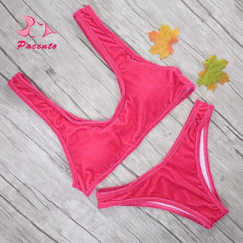 Pacento 2017 Hot Sale Velvet Bikini Set Solid Pink Biquini Thong
