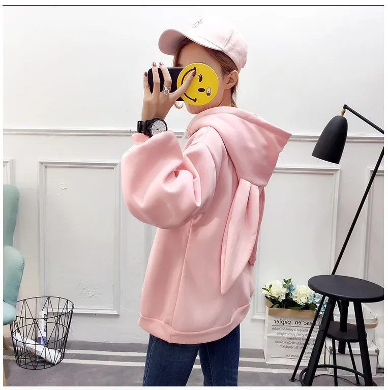 2018 Kawaii Rabbit Ears Hoodies Women Cartoon Embroidery Hooded