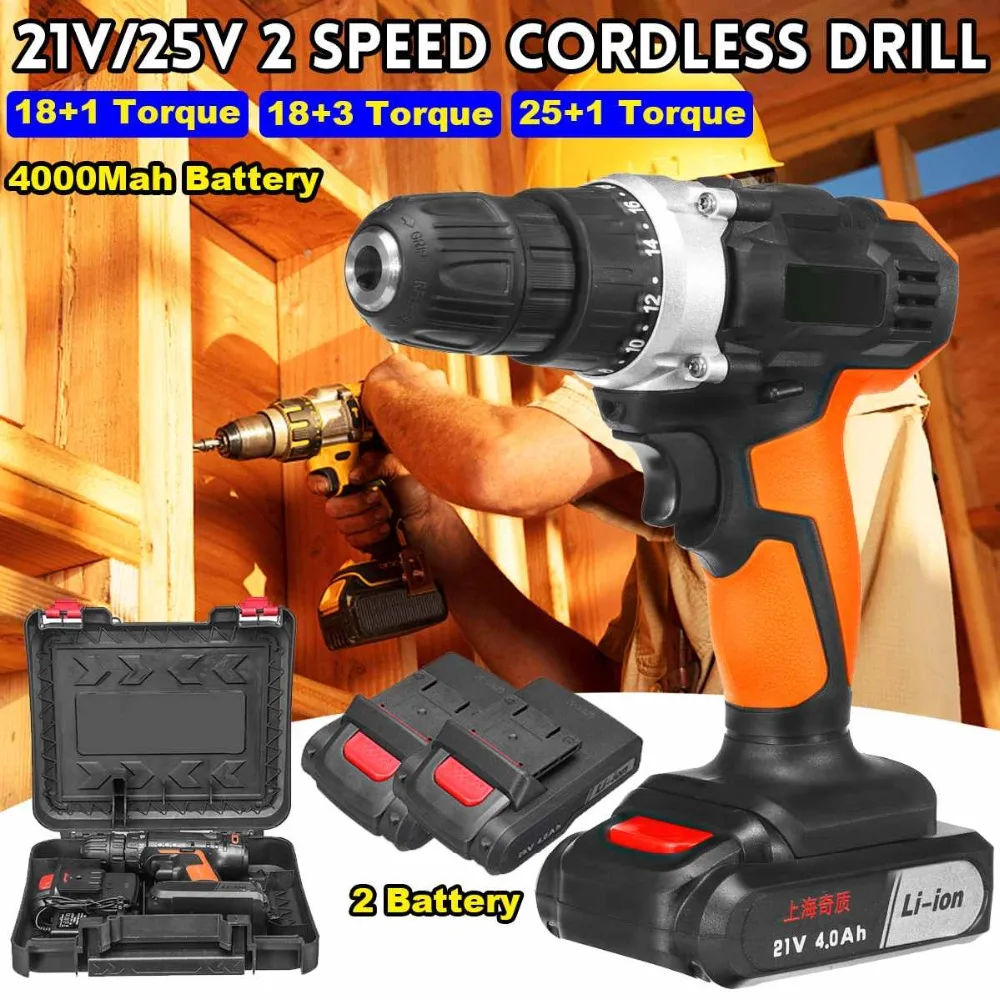 Electric Screwdriver Cordless Impact Drill 3 8 21v 25v 2 Lithium Ion