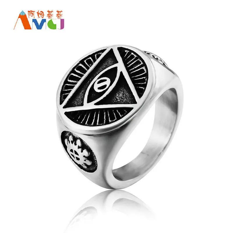 18mm Retro Illuminati Pyramid Eye Symbol Ring Signet Triangle Titanium ...