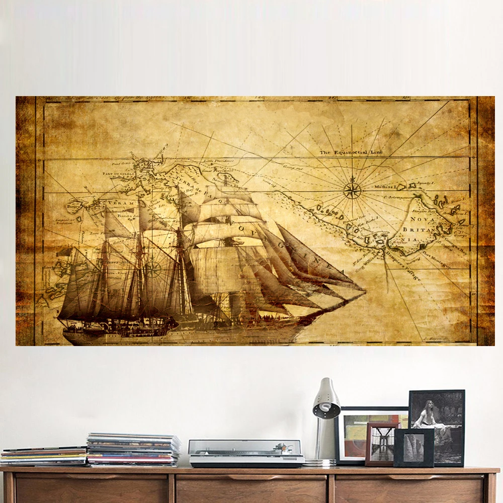 Wall Art Home Decor no Frame large Old Boat maps of the world Poster ...