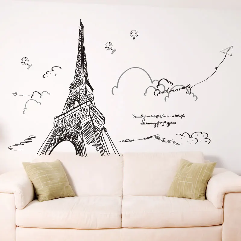 Paris Eiffel Tower Wall Sticker Black Color Famous Buildings Stickers ...