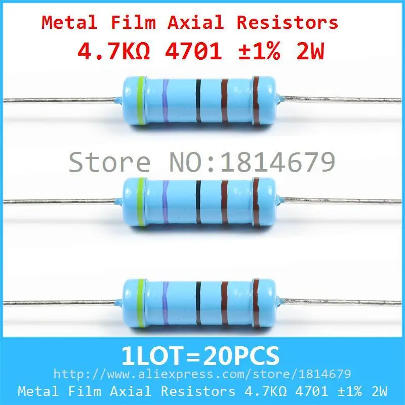 1LOT=20PCS Metal Film Axial Resistors 4.7Kohm 4701 1% 2W 4700ohm ...