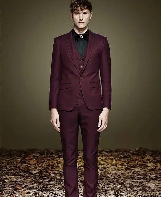 Nueva llegada personalizado hecho vino rojo muesca solapa hombres traje ...