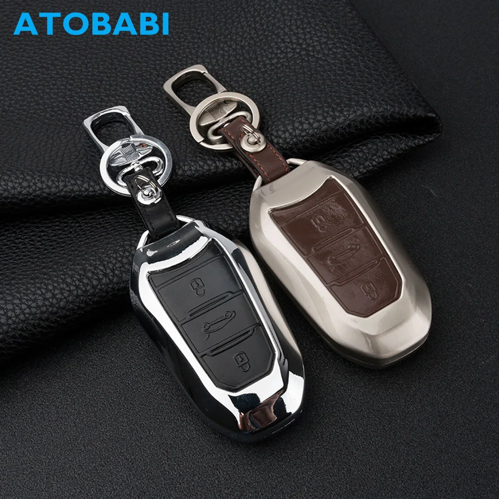 ATOBABI Zinc Alloy+Leather Car Key Case Remote Cover Holder for Peugeot ...