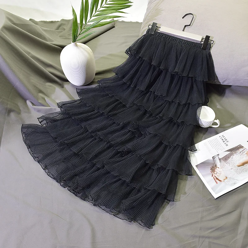 Summer Sweet 7 Layered Long Mesh Skirts Princess High Waist Ruffled Vintage Tiered Tulle A Line